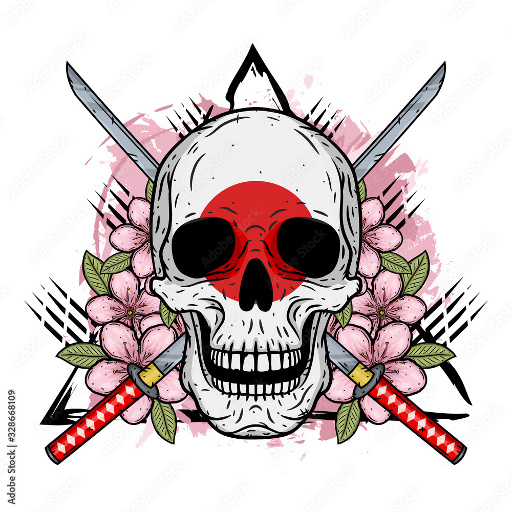 Skull of kamikaze with crossed katanas. Cartoon skull. Vector ...