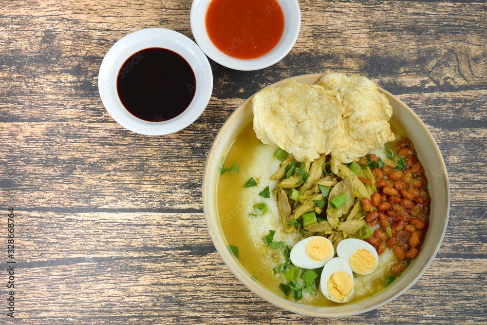 Bubur Ayam, Indonesian rice congee with shredded chicken, scallion ...