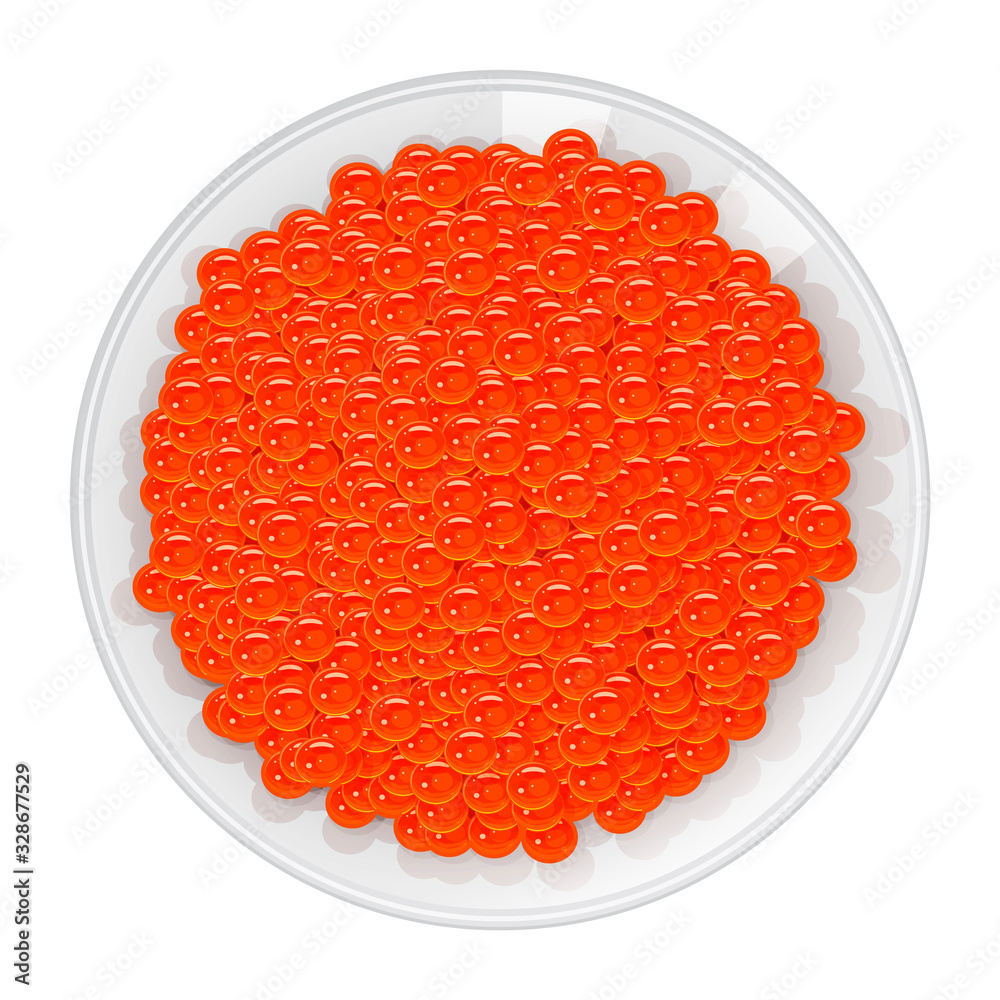 red caviar in porcelain plate on white background. Cartoon style ...