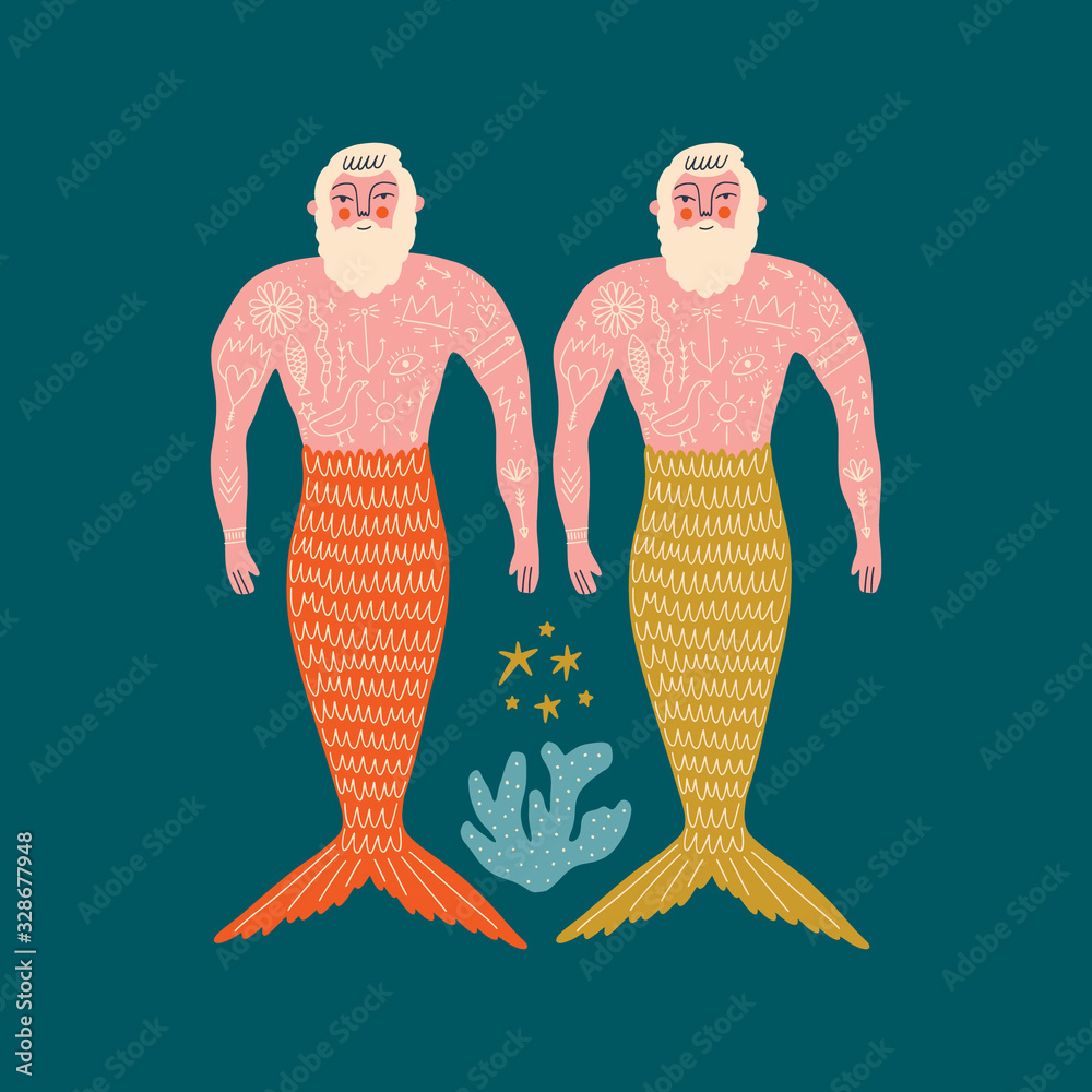 Cartoon color card with cute flat cartoon sea boys mermaid or merman ...