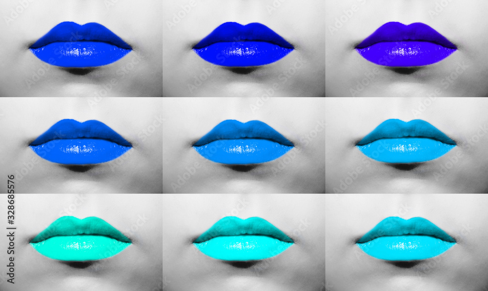 Macro collection of female lips with lipstick in different shades from ...
