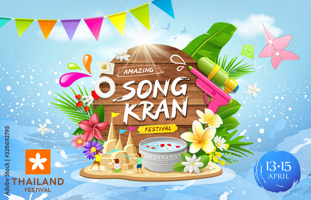 Songkran festival thailand this summer banners design on water splash ...