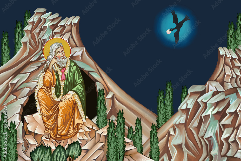 Prophet saint Elijah and raven bringing food. Miracle of the ravens ...