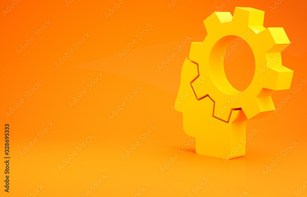 Yellow Human head with gear inside icon isolated on orange background ...