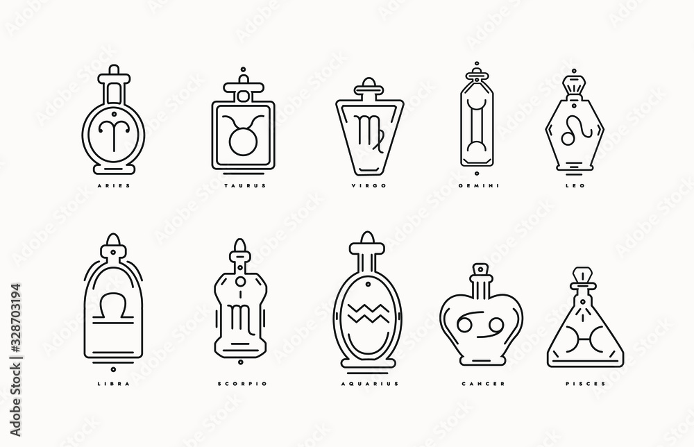 Zodiac signs in potion bottles symbols. Star sign art deco design set ...