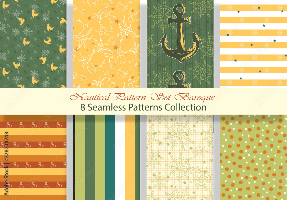 Nautical Pattern Set inspired by adventures on the seas. Baroque color ...