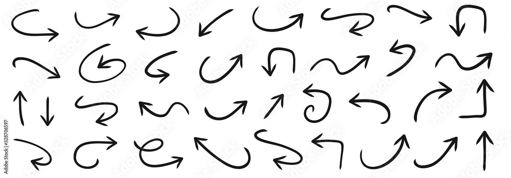 Hand drawn vector arrows set. Doodle set of pencil drawing arrows ...