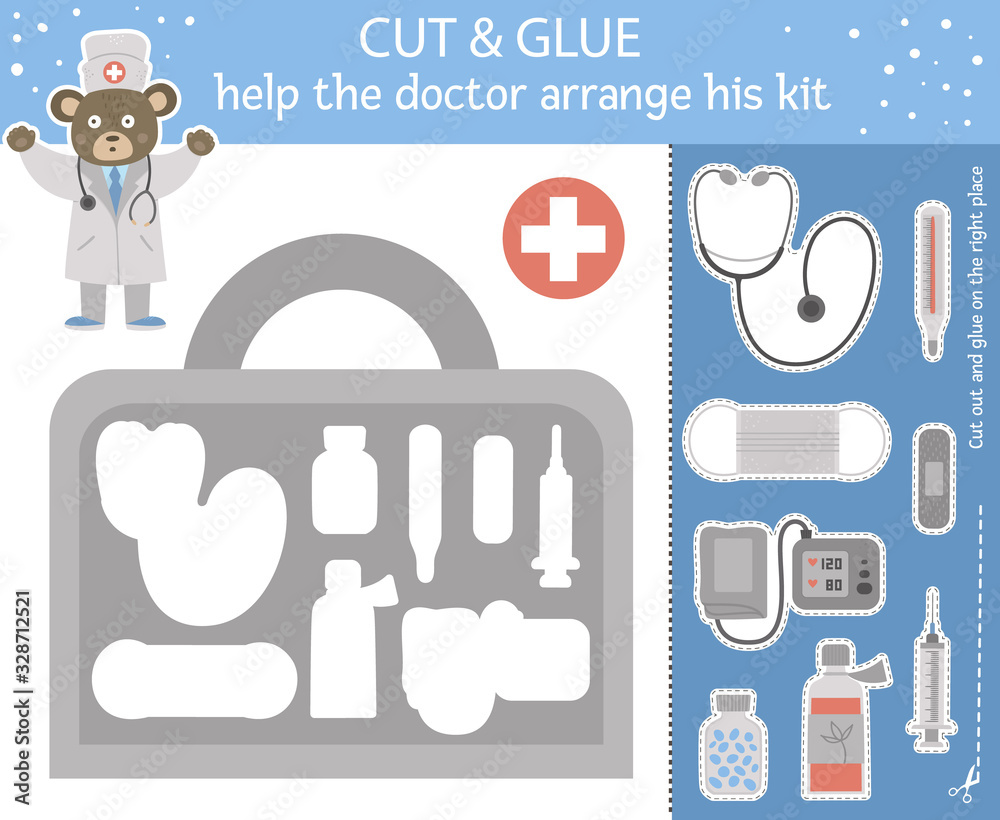 Vector medical cut and glue for children. Medicine educational activity ...