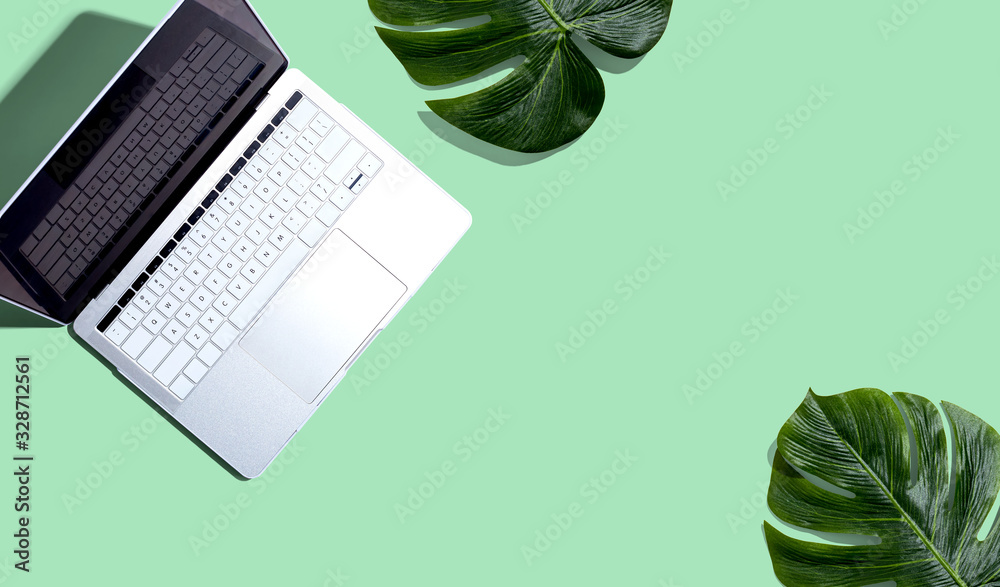Laptop computer with tropical plants - flat lay Stock Photo | Adobe Stock