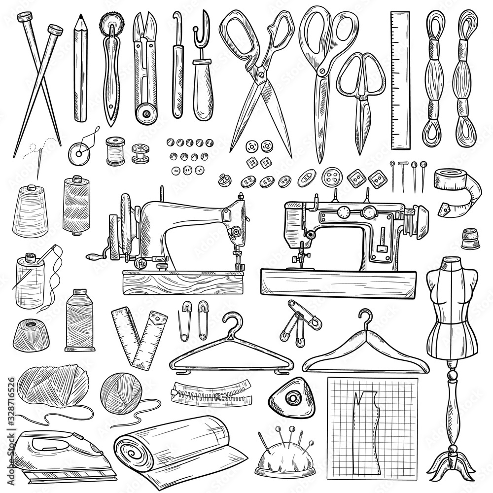 Tailor or dressmaker work and fashion designer atelier sketch items ...