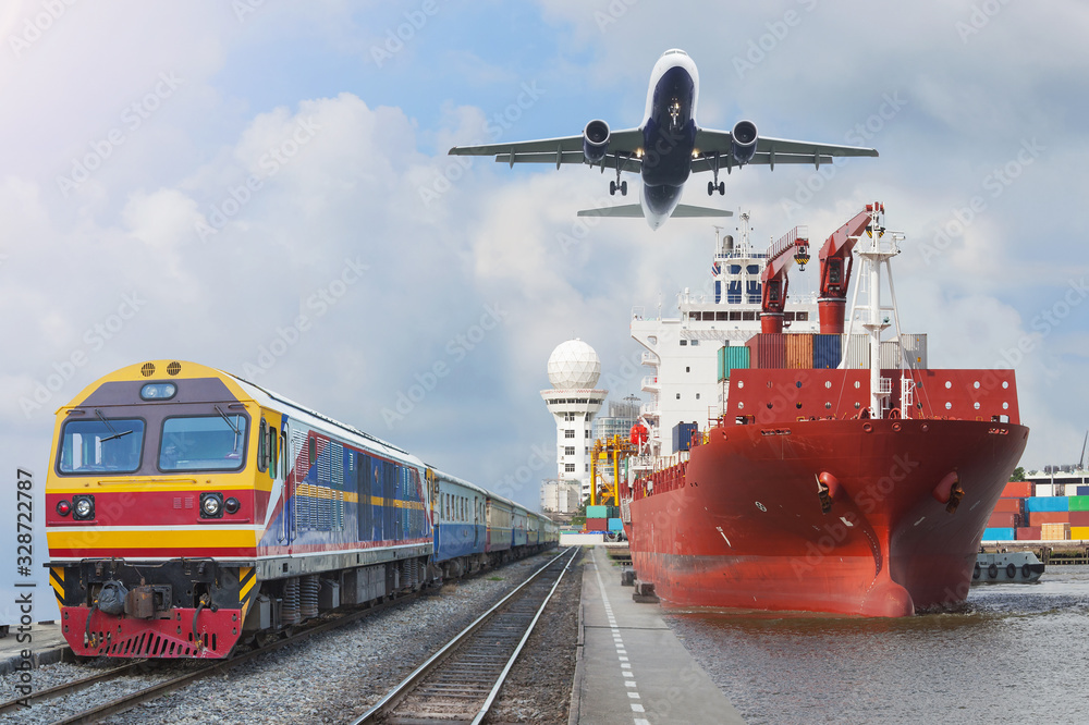 container trains commercial cargo Aircraft import export working crane ...