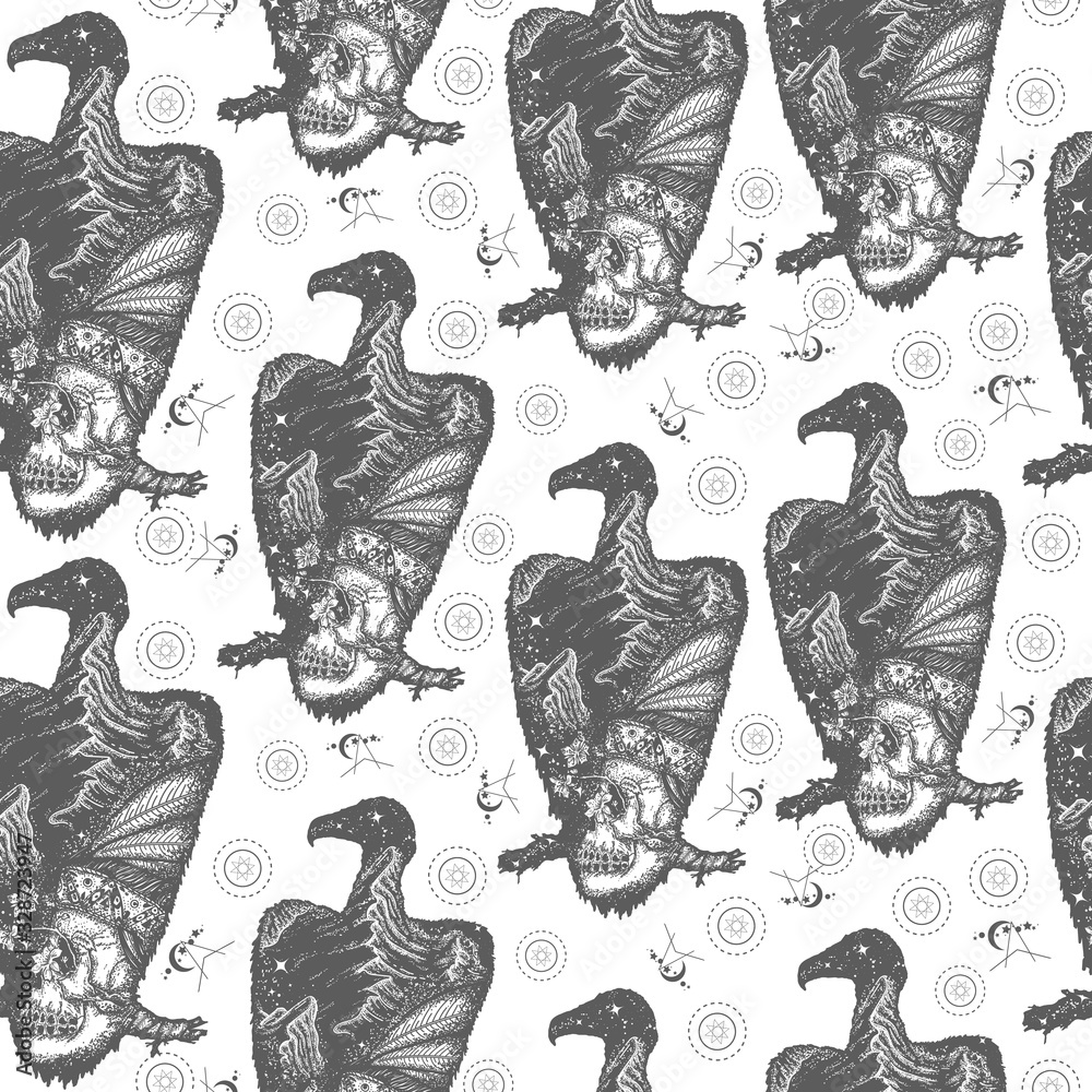 Vulture double exposure. Seamless pattern. Packing old paper ...
