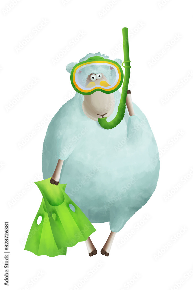 Cute cartoon sheep in swimming mask with flippers in her hand. Summer ...