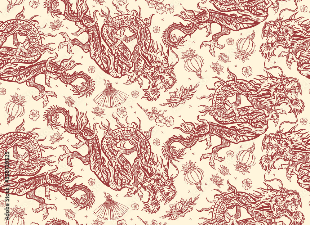 Asian dragons seamless pattern. Ancient China and Japan. history and ...