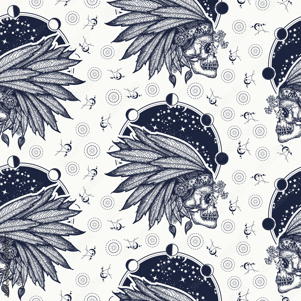 Native American indian feather headdress with human skull . Seamless ...