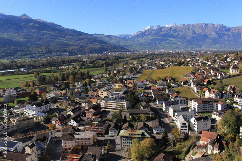 Aerial view of Vaduz, the capital city of Liechtenstein in Europe ...
