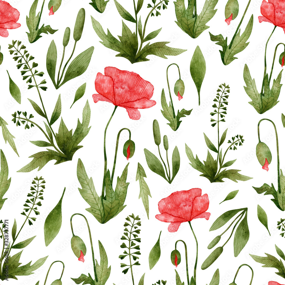 Watercolor seamless pattern with meadow wild flowers. Botanical ...