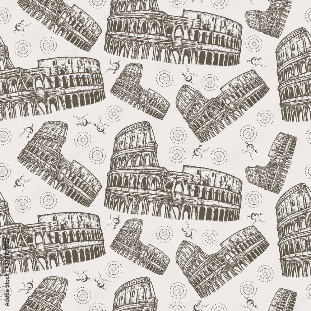 Coliseum in Rome, Italy. Seamless pattern. Packing old paper ...