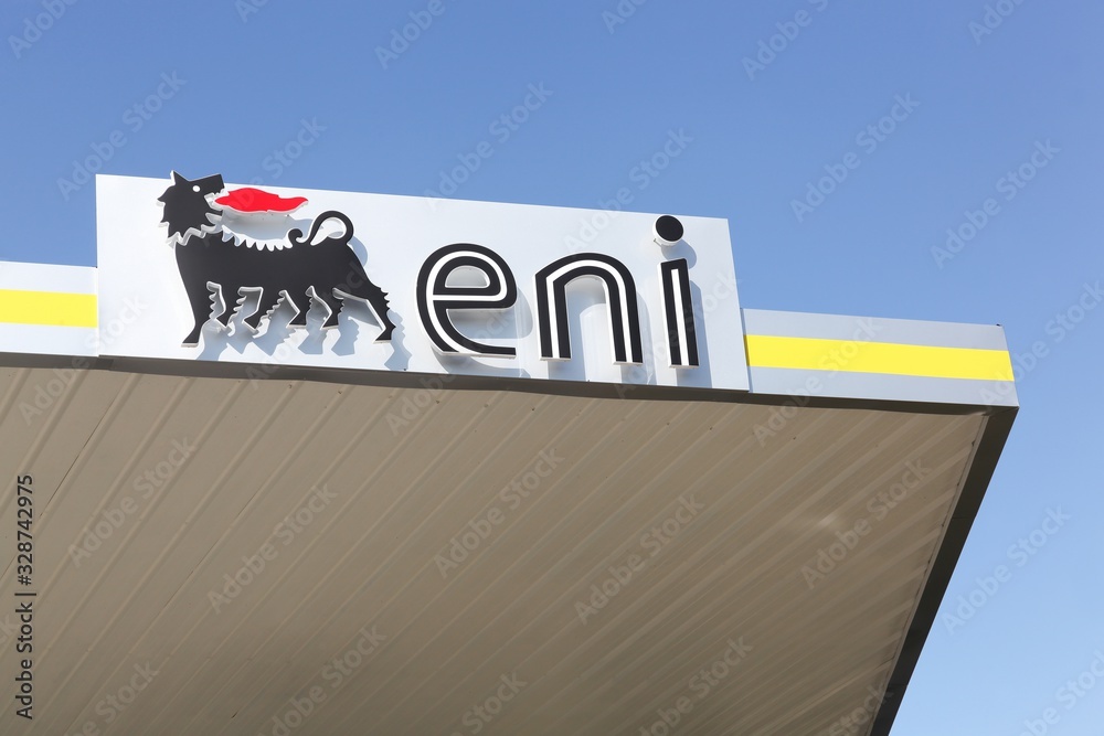 Mionnay, France - September 20, 2019: ENI logo on a gas station.ENI is ...