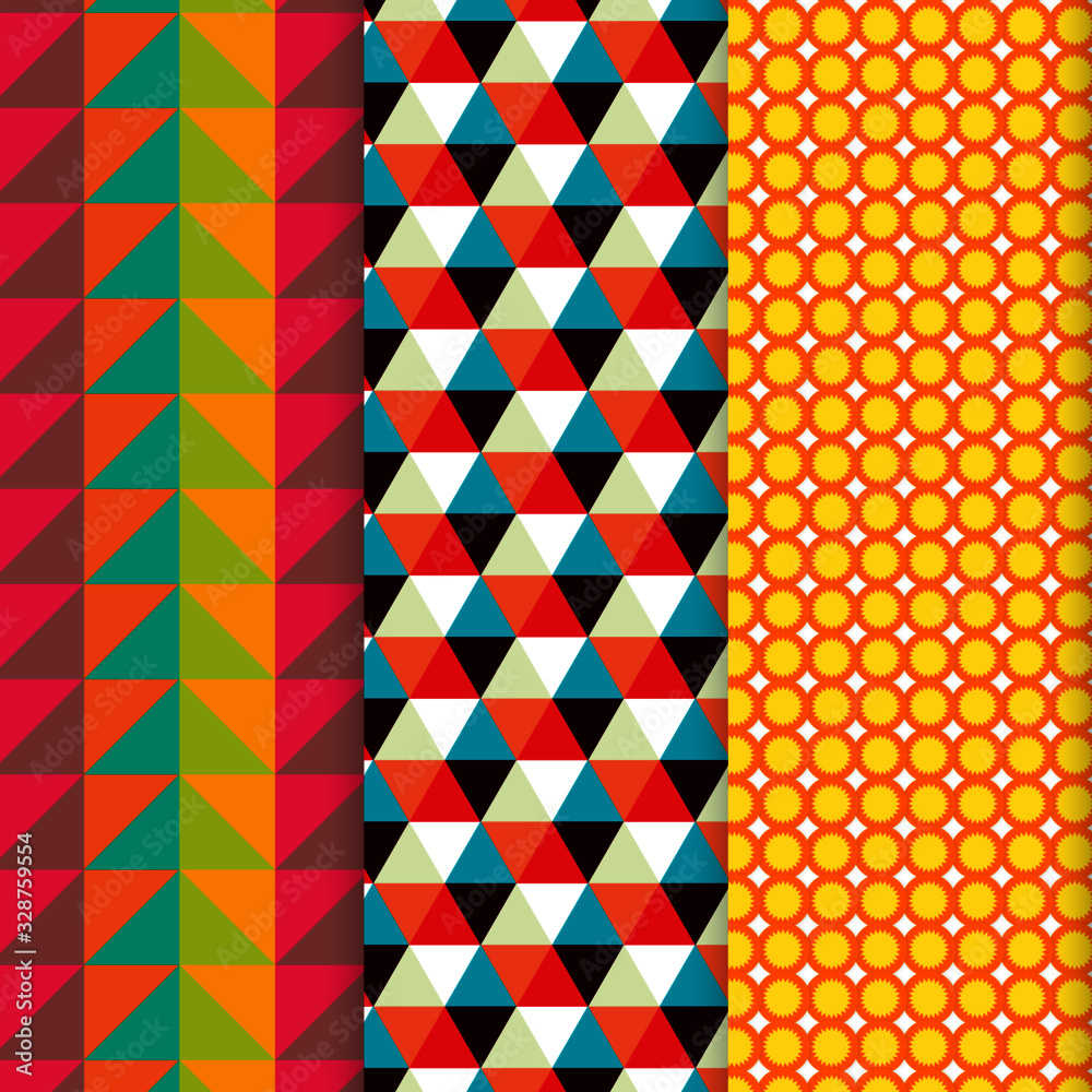 Textura de triángulos, textura de hexágonos y patrón con soles naranja ...