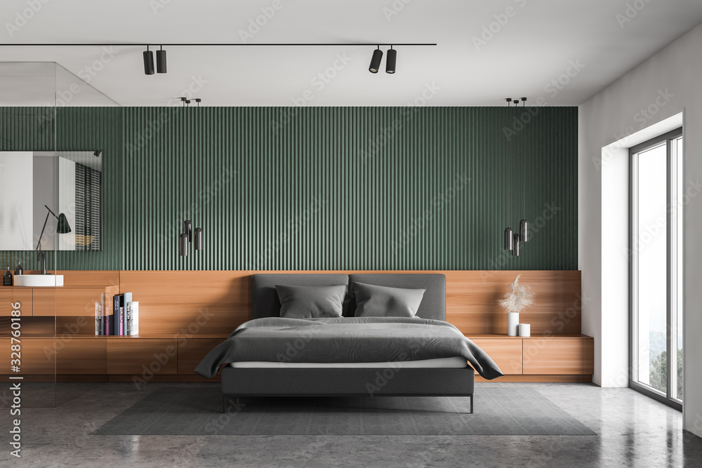 Green master bedroom and bathroom interior Stock Photo | Adobe Stock