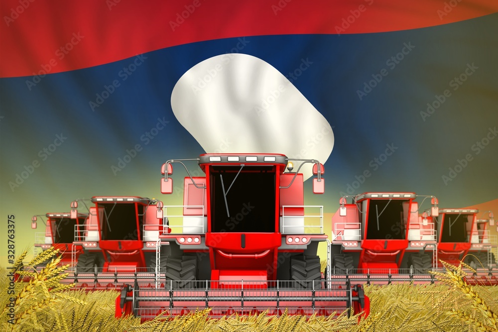 many red farming combine harvesters on rye field with Lao People ...