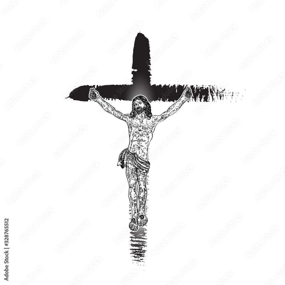 Jesus on cross painted with ink brush. Son of God Jesus Christ from ...