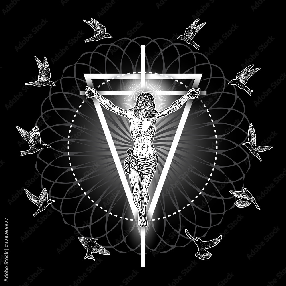 Jesus Christ crucified and raven or crow birds flock flying around him ...