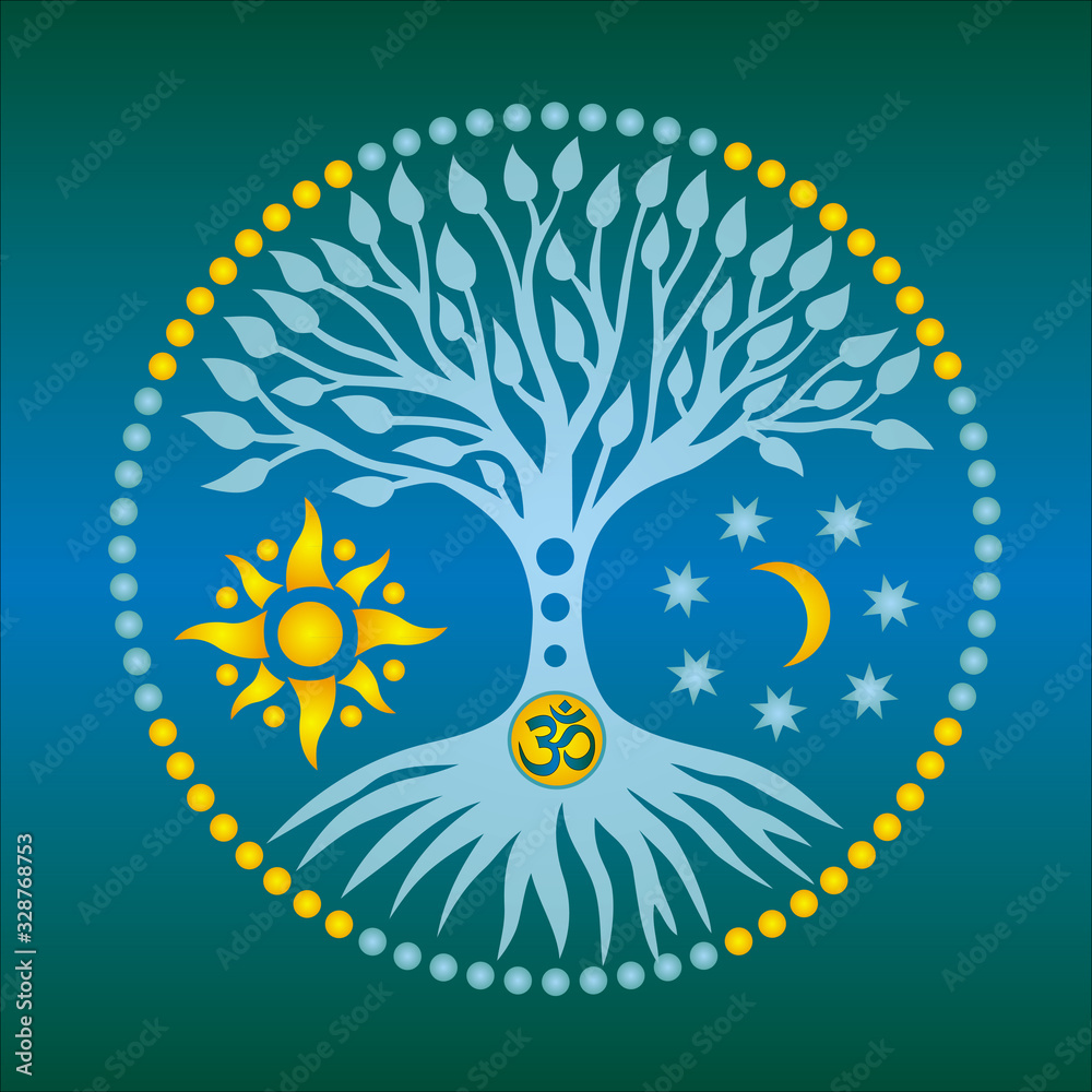 The tree of life with an om / aum sign on a blue and turquoise openwork ...