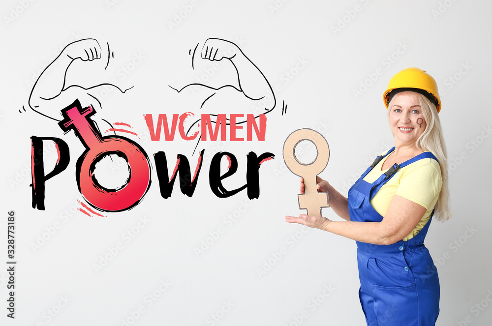 Female worker with symbol of woman on light background. Concept of ...