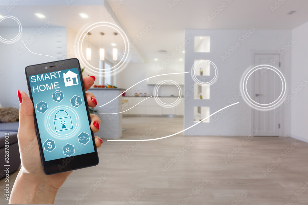 Smart home technology interface on smartphone app screen with augmented ...