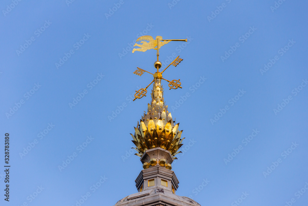 The view of Marekerk church, its dome and golden symbol of Leiden city ...