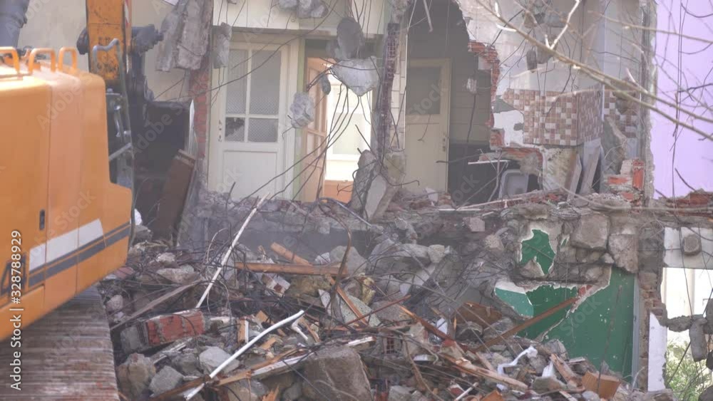 Destroying Old Concrete House Using Mechanical Arm of Bulldozer on ...