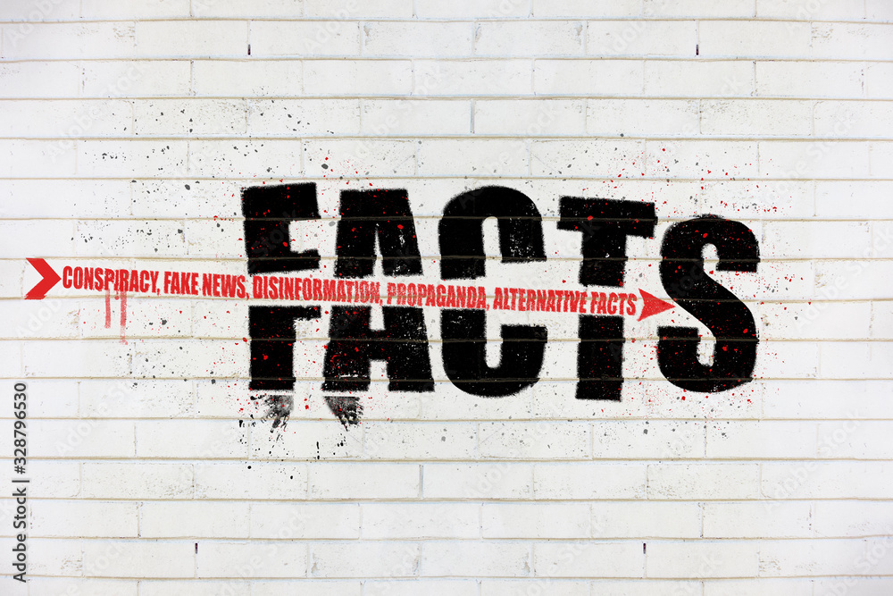 The word Facts with an arrow of conspiracy, fake news, disinformation ...