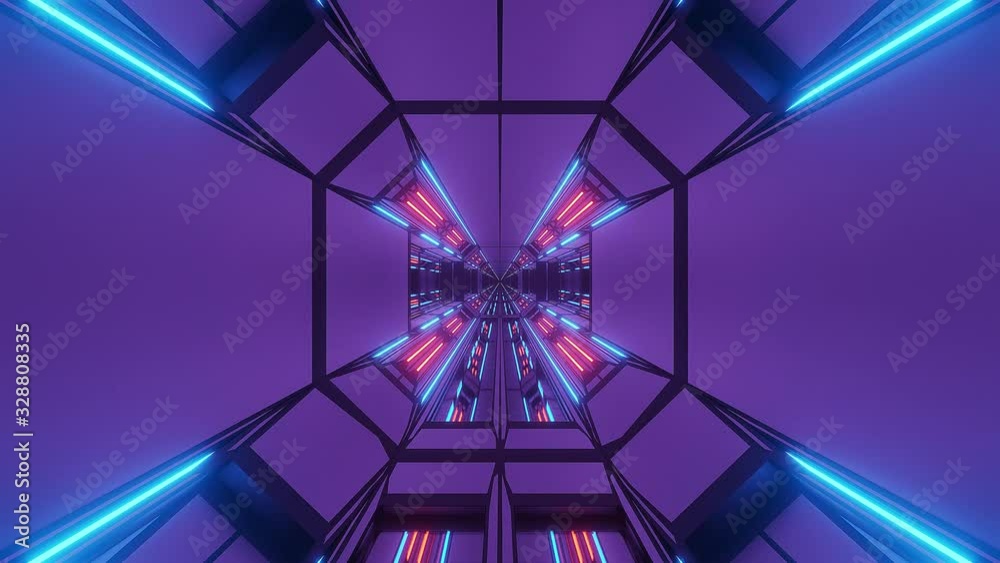 Red and blue octagon shape hall way in futuristic glass space ship ...