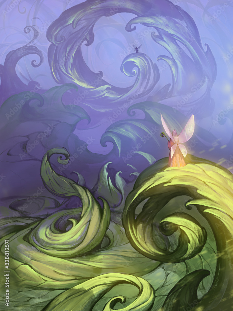 Original fantasy hand drawn illustration of a beautiful magic green ...