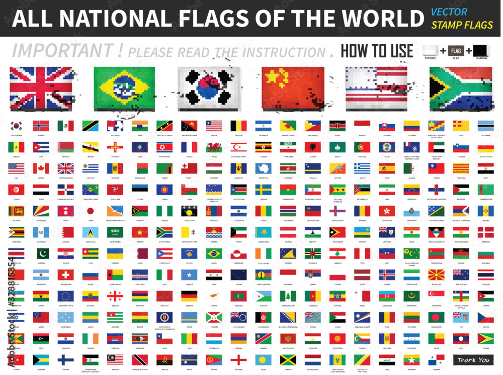 All official national flags of the world . Old stamp shape design with ...