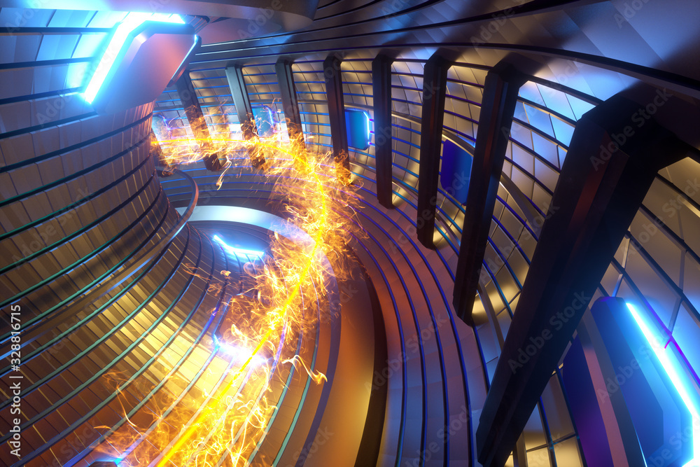 3D Render fusion reactor nuclear fusion, tokamak inside heated plasma ...