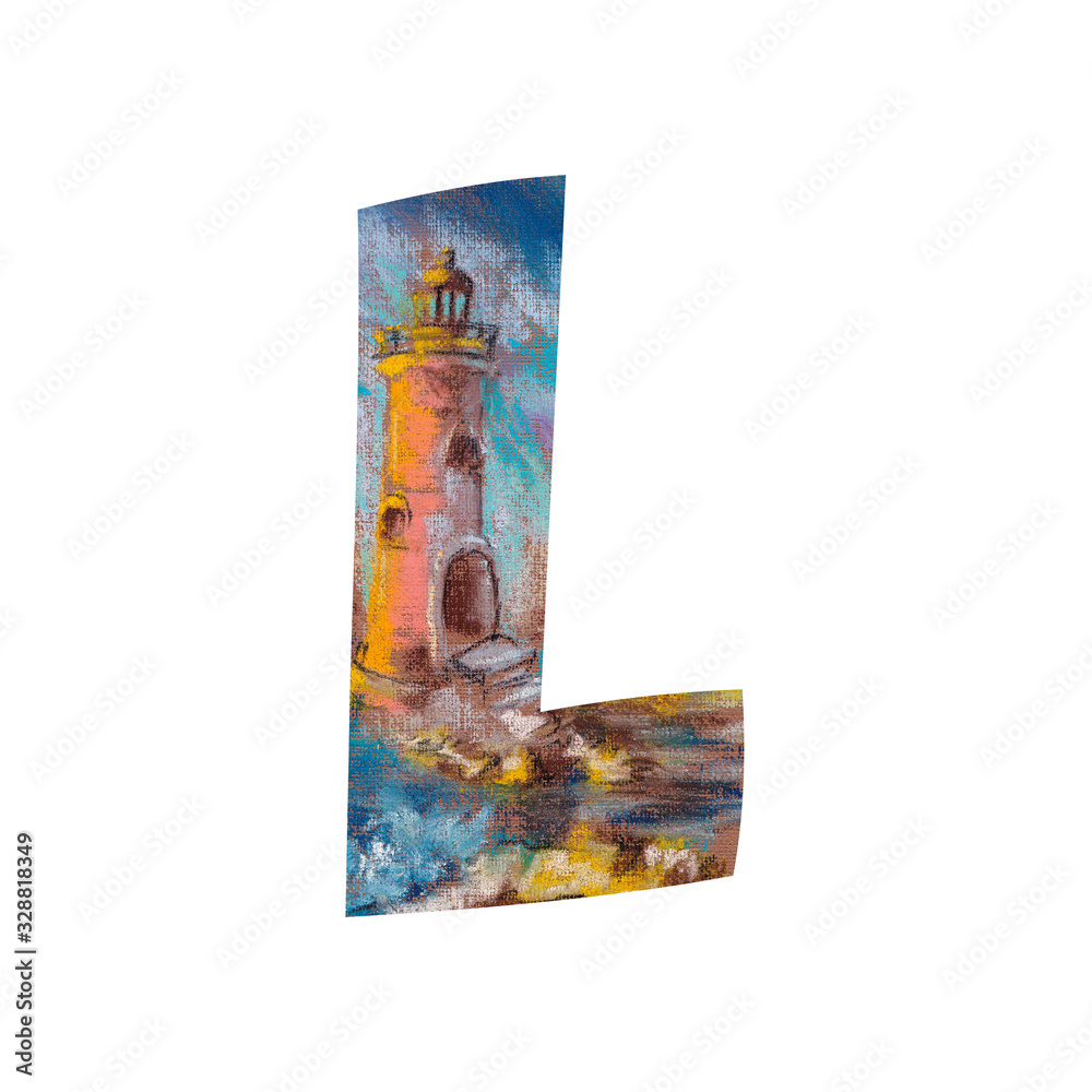 Letter L on white background with lighthouse drawing by pastel. Stock ...