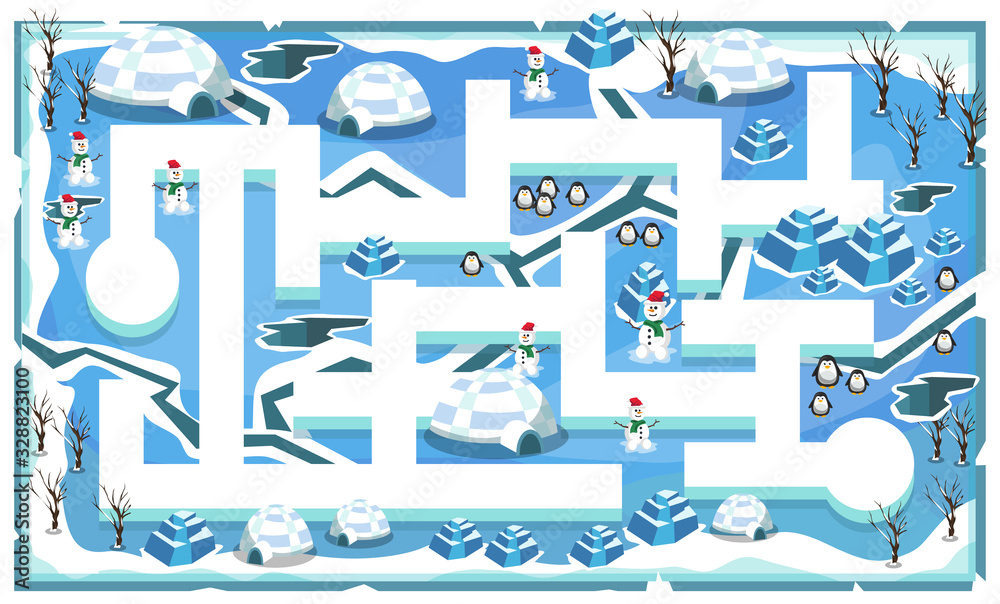 Map Frozen Snow Freeze Theme with Path and Cracks, Penguins, snow house ...
