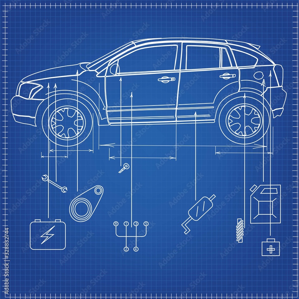 Diagram of the vehicle with parts and spare parts on a blue background ...
