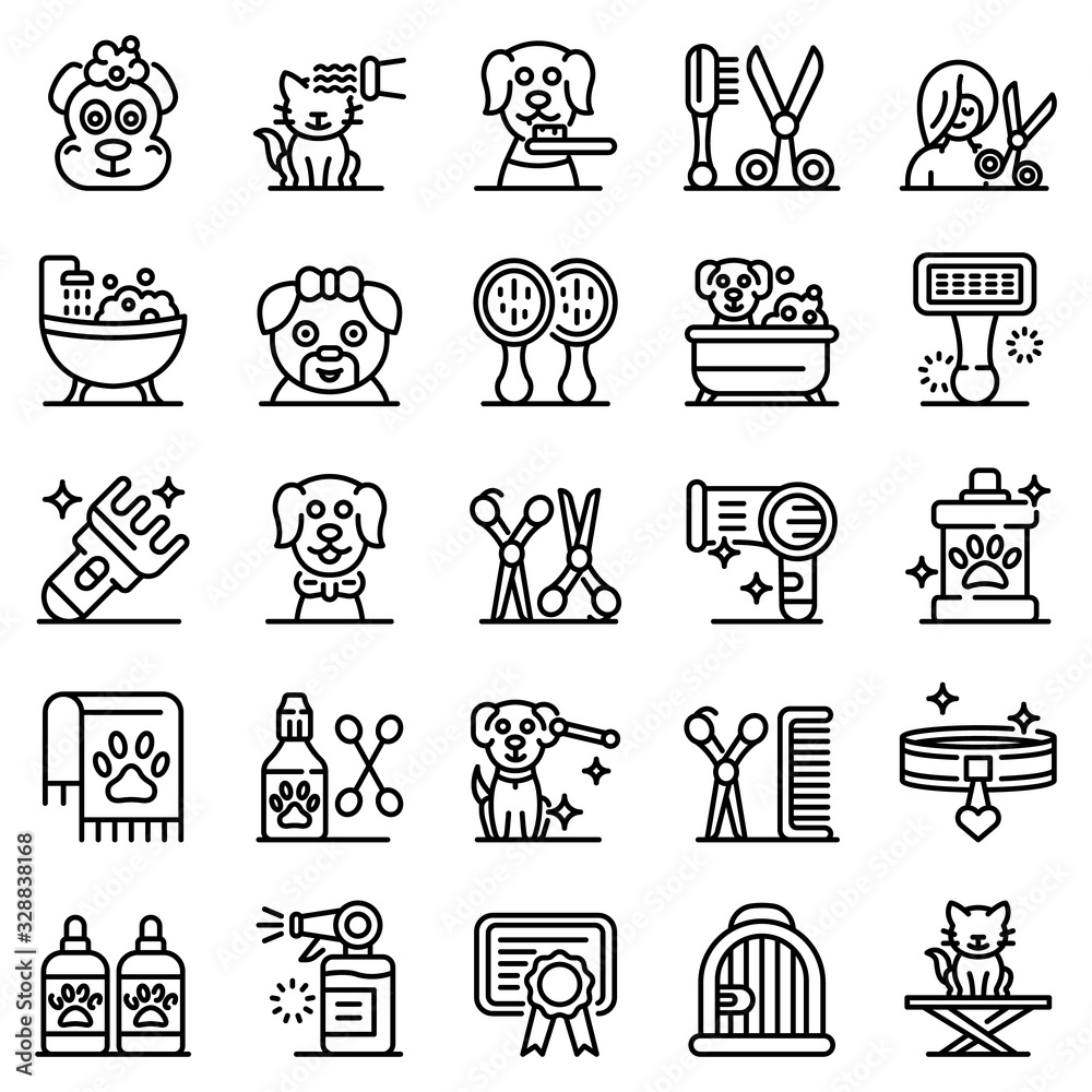 Groomer icons set. Outline set of groomer vector icons for web design ...