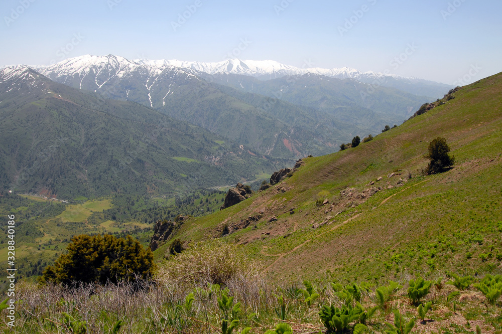 Mountainous landscape. Chimgan Mountains (Chatkal Range, West Tien-Shan). Outskirts of Tashkent ...