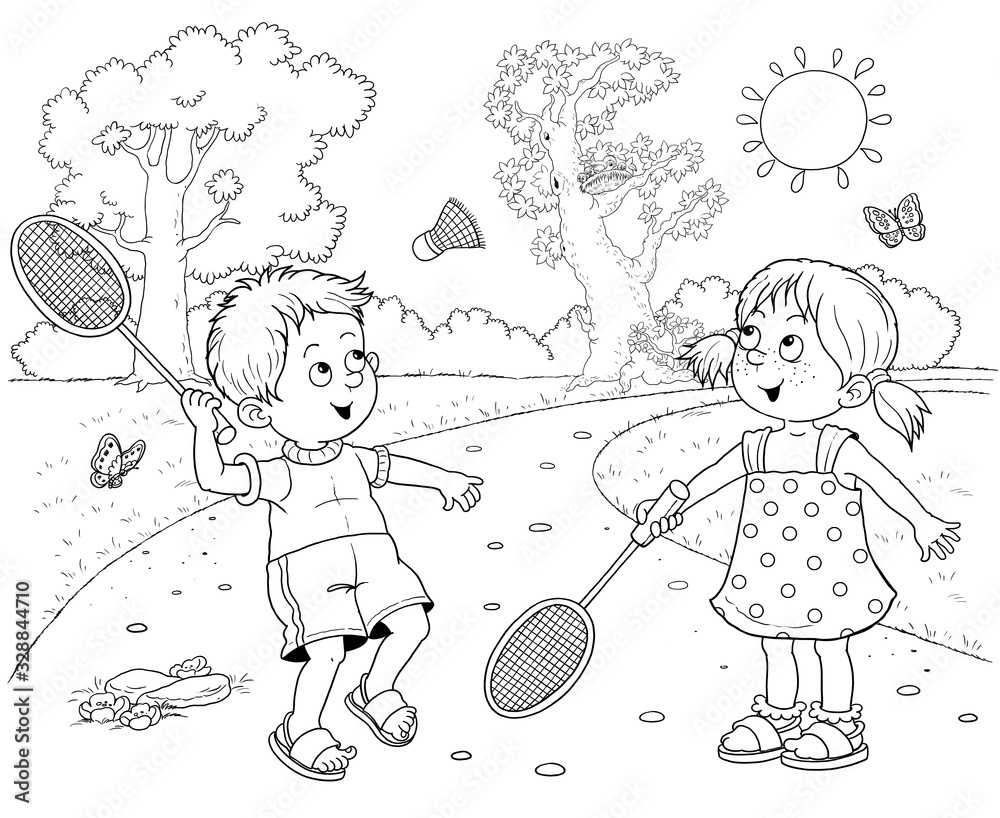 four seasons. Cute boy and girl are playing outdoors. Illustration for ...