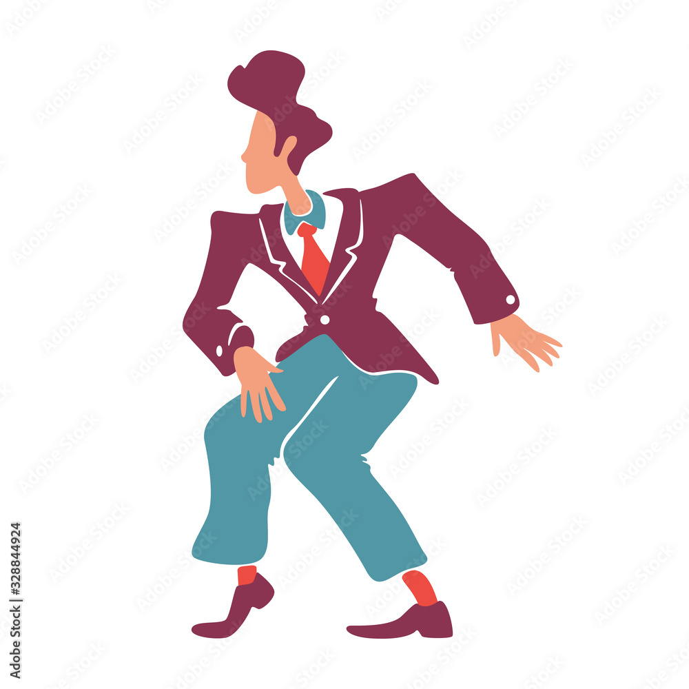 Retro style guy in vintage suit dancing flat color vector faceless ...