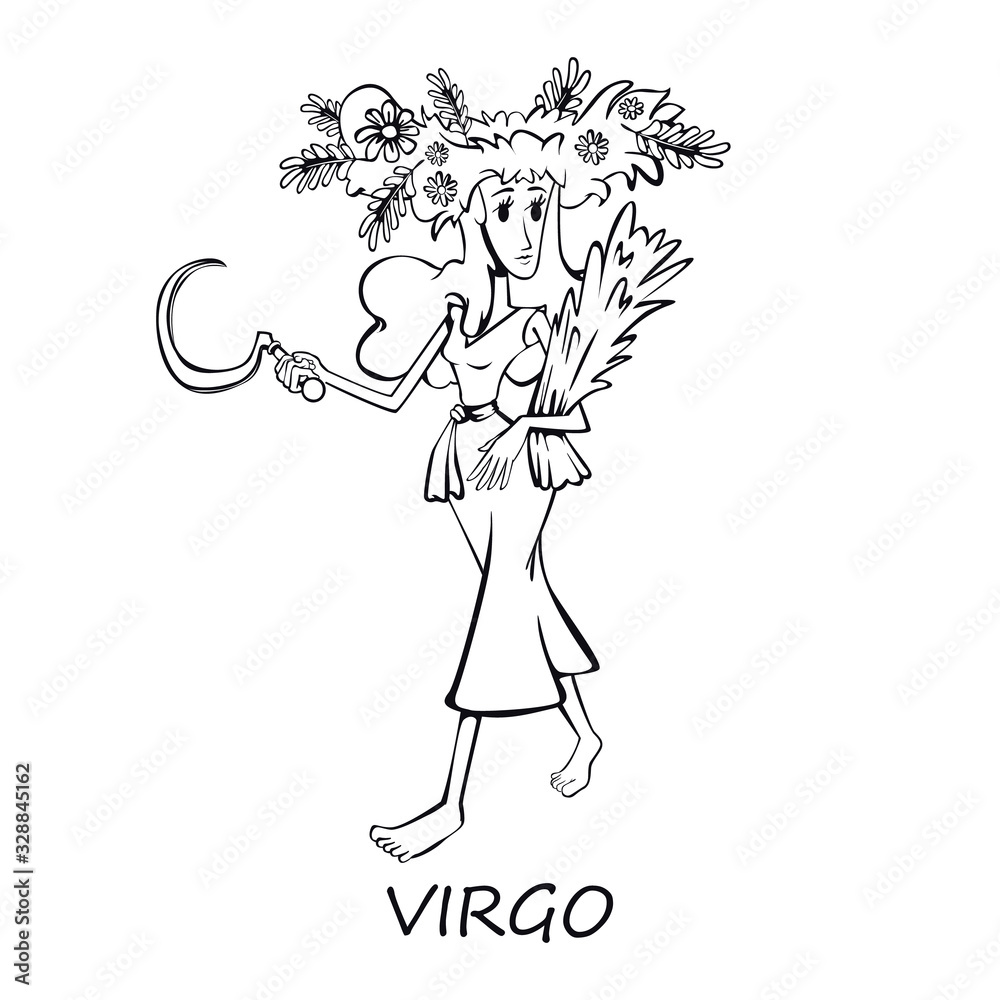 Virgo zodiac sign woman outline cartoon vector illustration. Girl in ...