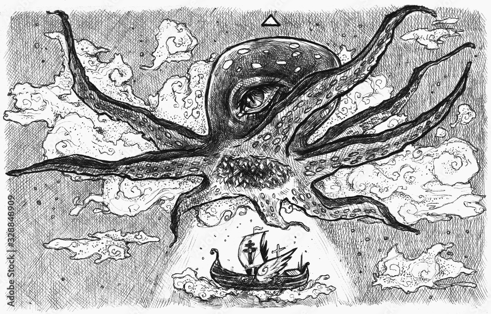 Sky kraken - octopus eating the ship. Ink hand drawn illustration ...