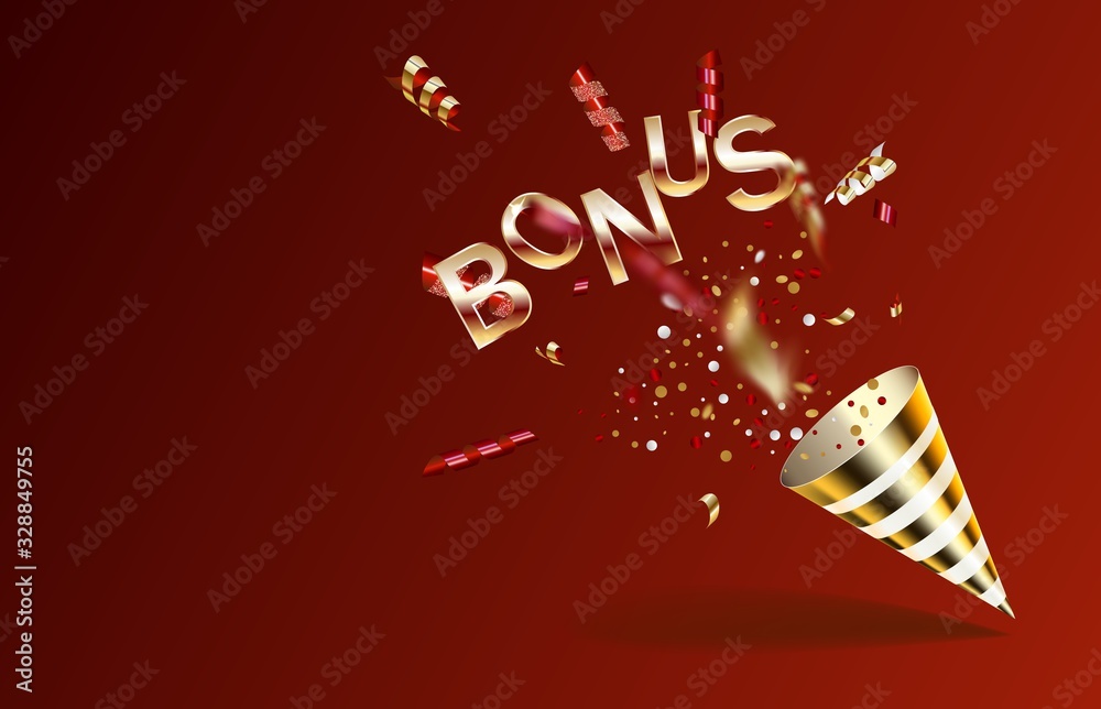 Bonus. Red and gold party Popper with exploding confetti particles ...