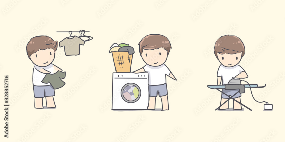 cute boy cleaning doing laundry gender equality concept kawaii vector ...