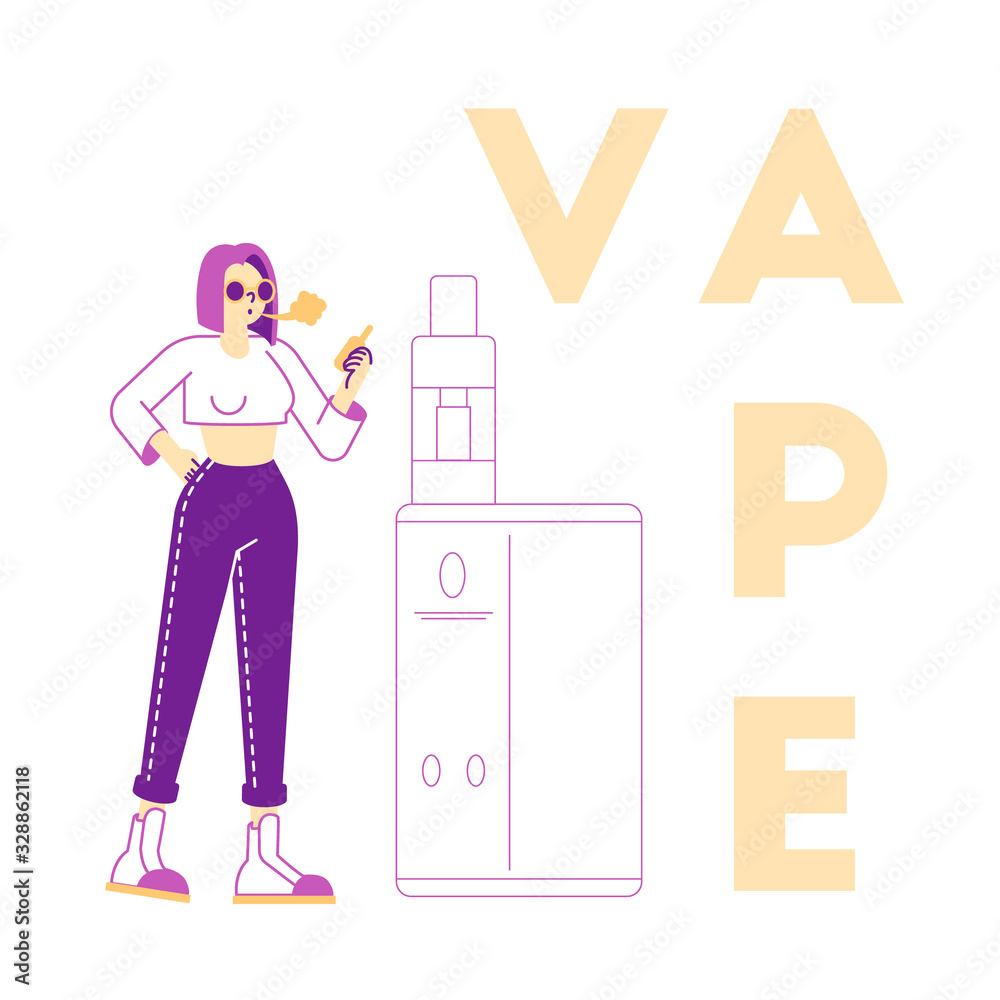Vaping Activity Concept. Young Woman Character Stand near Huge ...